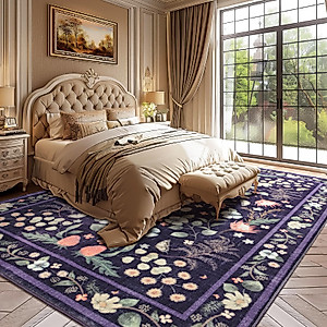 Rtizon Area Rugs for Living Room 5x7 Non-Slip Carpet Washable Boho Rug Vintage Low Pile Carpet Print Home Rugs for Bedroom Kids Room Playroom Dining Room Home Office Farmhouse,Purple