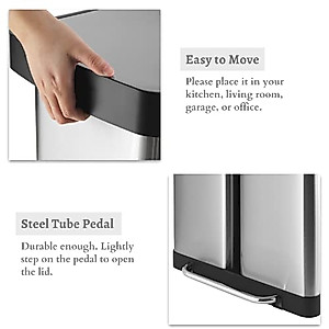 Arlopu 16 Gallon Dual Trash Can, 60L Stainless Steel Kitchen Garbage Can, Step-on Classified Recycle Garbage Bin with Removable Inner Buckets, for Kitchen, Living Room, Office, Silver (2x30L)