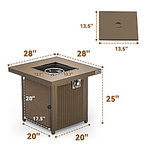 Propane Fire Table, Outdoor Fire Pit Table with Lid and Lava Rock, 28" Large Fireplace with Auto-Ignition 50000 BTU, Gas Fire Pits for Patio Garden Backyard, Brown
