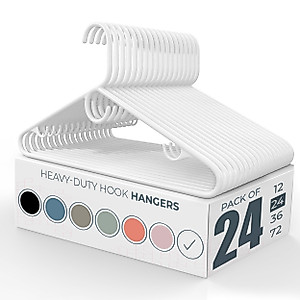 24pk Heavy Duty Plastic Clothes Hangers Bulk Large Strap Hooks | 20 30 50 100 Pack Available | Strong Plastic Hangers | Jacket Coat Hangers | Plastic Hanger for Closet and Clothing Hangars (White)