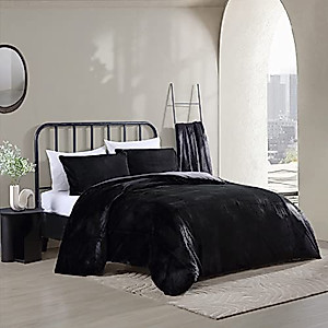 City Scene- Queen Duvet Cover Set, Faux Fur Bedding Set, Ultra Cozy Home Decor (Solid Black, Queen)