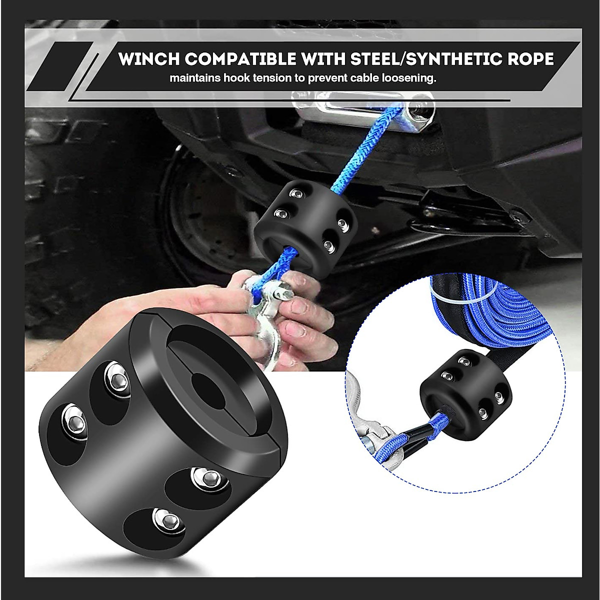 Winch Stopper for Cable. Truck UTV ATV Rubber Winch Cable Stopper, Protects Towing Hook, Synthetic Rope, Cable Line from Wear or Damage, Hawse, Bumper. Quick Installation with Tools. (black)