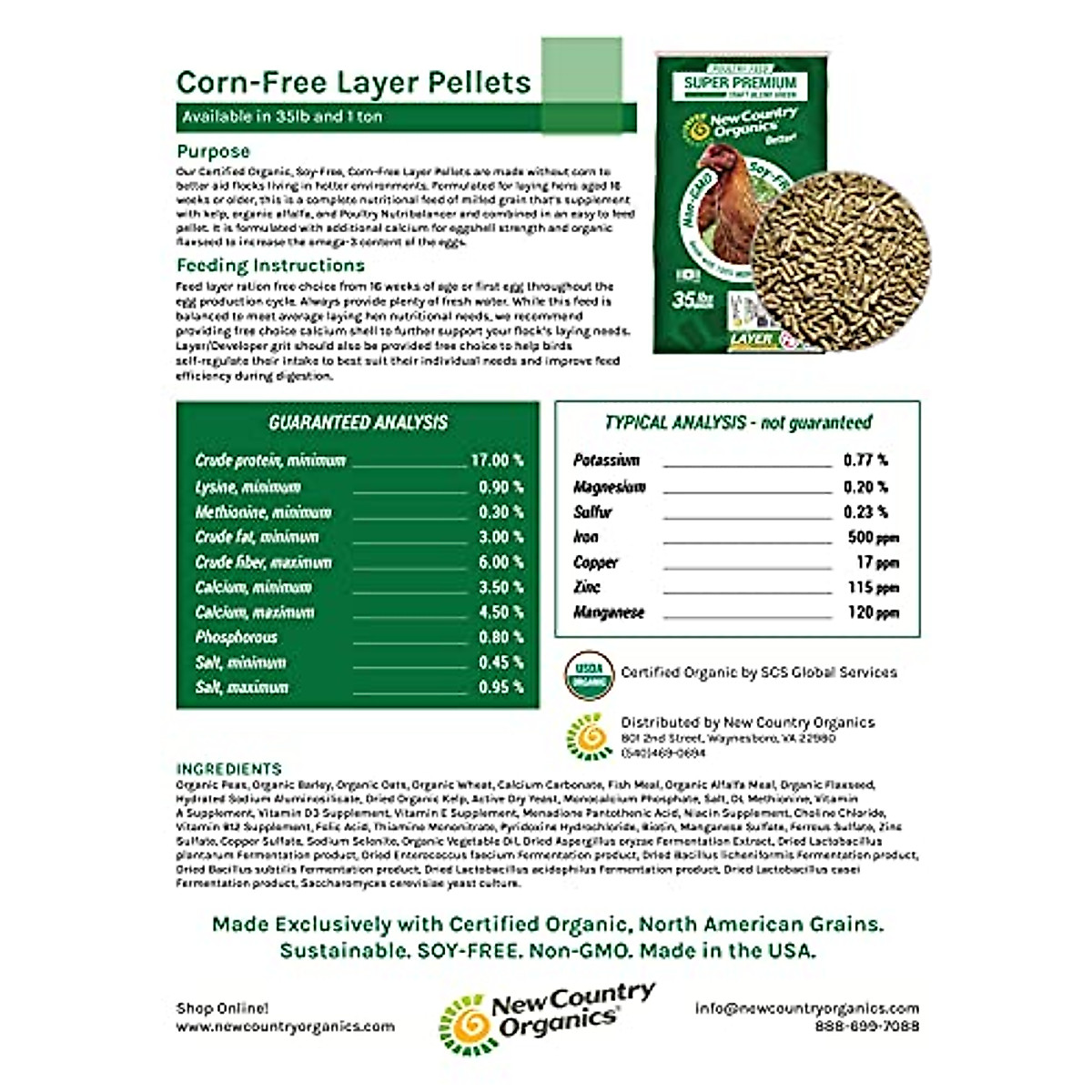 New Country Organics Soy-Free Corn-Free Layer Pellets, 35 lbs