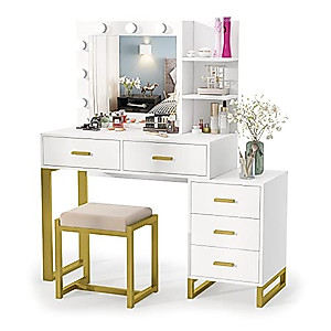 PAKASEPT Vanity Set with Lighted Mirror, Large Desk Makeup Dressing Table 9 LED Lights, 5 Drawers, Storage Shelves&Cushioned Stool for Bedroom, White, 45.51''L * 15.74''W * 51.37 ''H