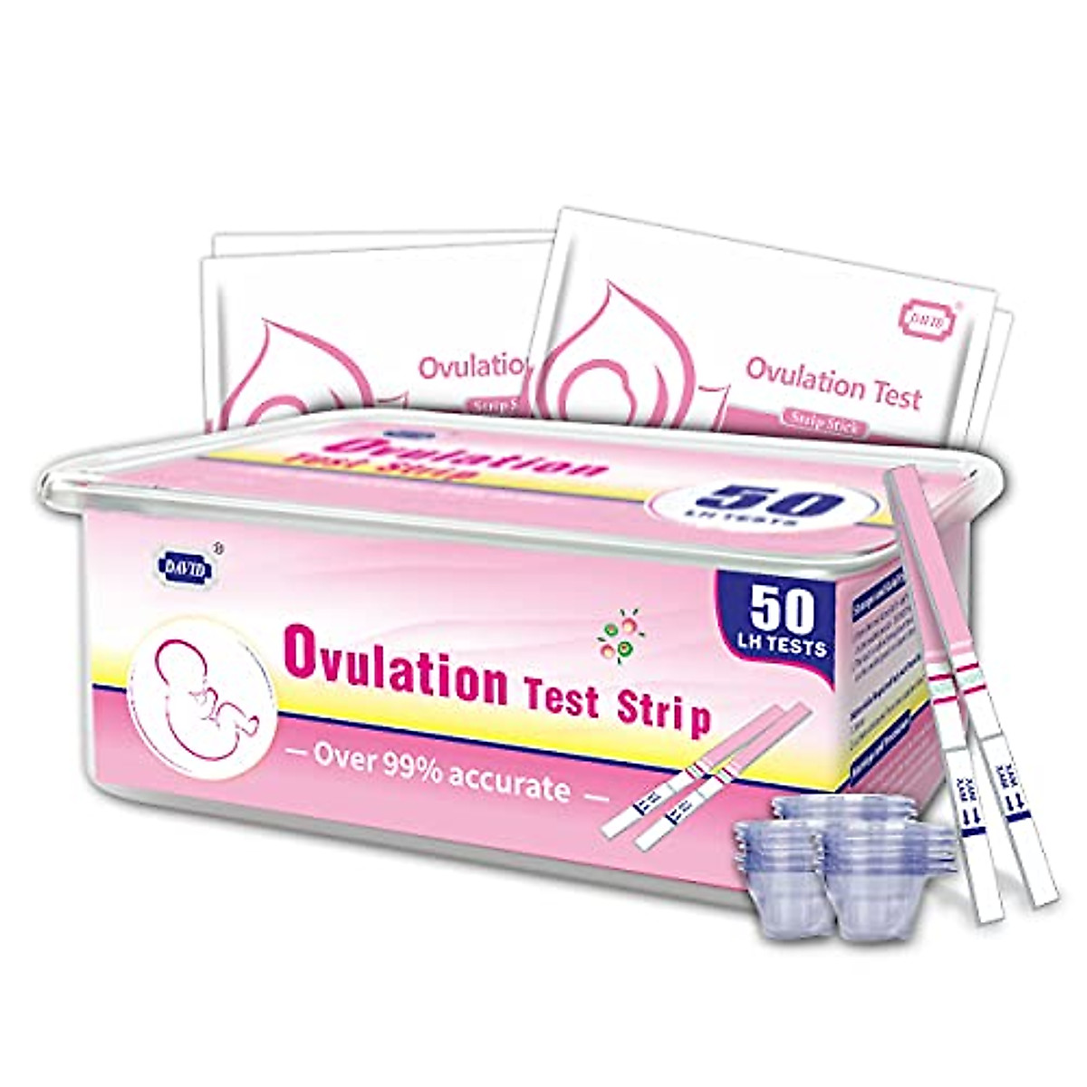 DAVID 50 Ovulation Test Strips, Ovulation Predictor kit, Fertility Test for Women, 50 Free Urine Cup, Fertility Tracker Kit, Accurate Results - 50 Count, LH Test, EXP 10-30-2023