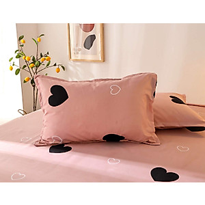 Girls Cute Heart Pattern Fitted Sheet for Kids King Size Lovely Pink Black Bedroom Decor Bed Sheet Set Girly Cartoon Love Geometric Bedding Set Children Modern Design Bed Cover with 2 Pillow Case