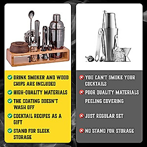 Bartender Kit with Whiskey Smoker - 13 pcs, Pine Stand - Bar Set with Cocktail Shaker, Bartending Kit with Essential Bar Accessory Tools, Wood Chips, Matte