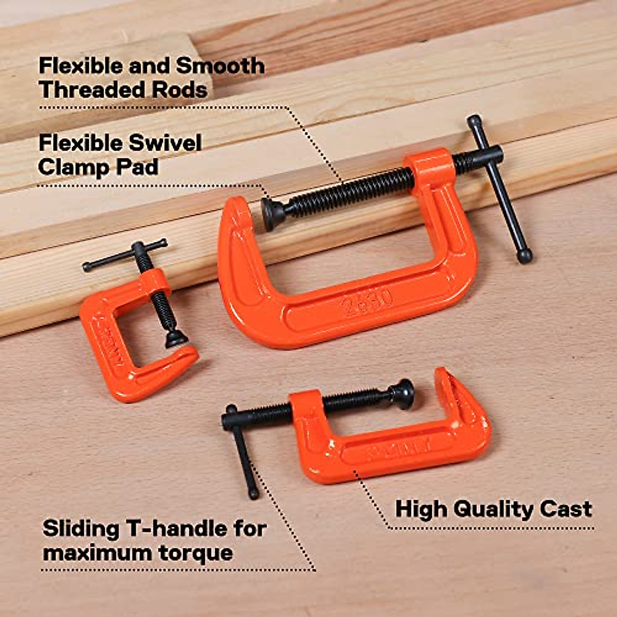 PONY Malleable Iron C-Clamp Set, 3-Piece, (1", 2", 3") Orange