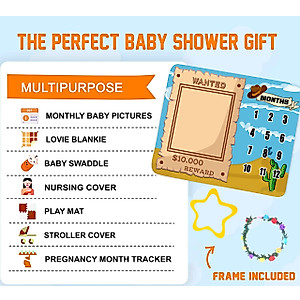 West Cowboy Baby Monthly Milestone Blanket, 48x40in Soft Flannel, Wanted Reward Desert Cactus, Newborn Mom Gifts, Baby Shower Age Growth Tracker with Bonus Maker BTZYSS56