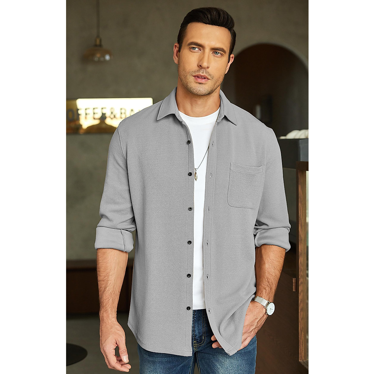 COOFANDY Men's Casual Button Down Shirts Long Sleeve Lightweight Solid Classic Jackets Fall Overshirts