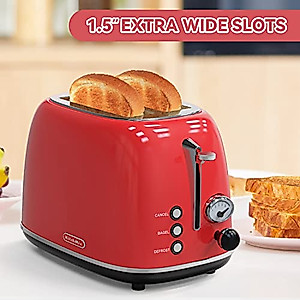 Toaster 2 slice,Retro Stainless Steel Toaster with 6 Settings, 1.5 In Extra Wide Slots, Bagel/Defrost/Cancel Function, Removable Crumb Tray (Red)