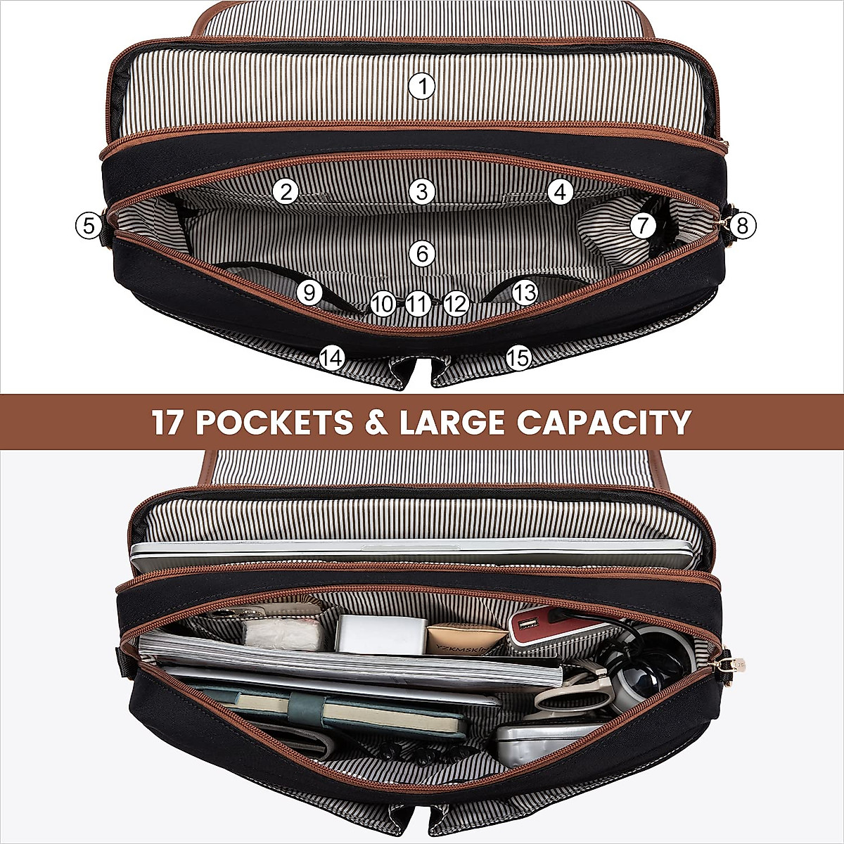 LOVEVOOK Laptop Bag for Women, 15.6 inch Large Capacity Computer Briefcase Case, Crossbody Messenger Shoulder Bag, Office Business Work Tote Bags Purse for Travel Gifts, Brown-black