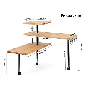 HYNAWIN 3 Tier Corner Shelf Bamboo & Metal Storage Spice Rack-Desk Bookshelf Display Shelves Space Saving Organizer -Adjustable Rack for Kitchen,Bedroom, Office-Creative Home Décor with Hooks