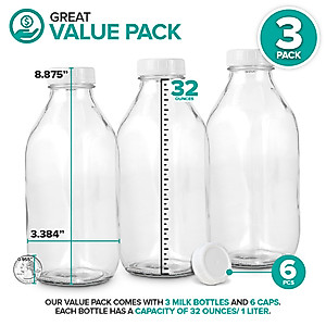 Stock Your Home Liter Glass Milk Bottle with Lid (3 Pack) 32 Oz Jugs and 6 White Caps, Reusable Food Grade Milk Container for Refrigerator, Bottles for Juice, Oat or Plant Milks, Water, Honey