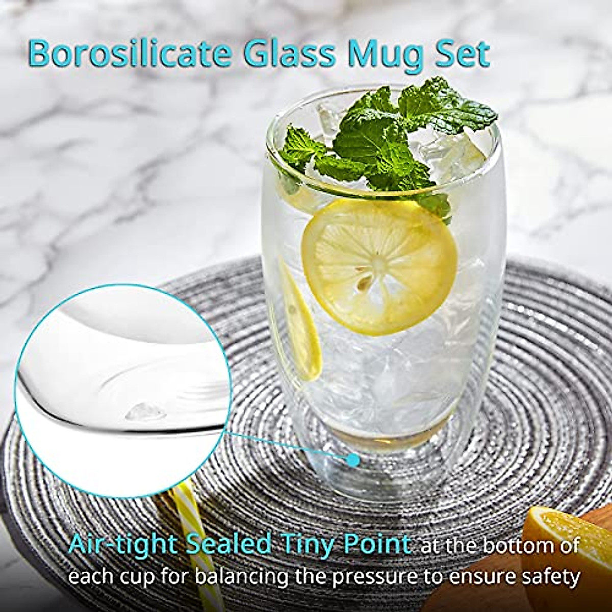 Bivvclaz Double Walled Glass Coffee Mugs, 2-Pack 15 Oz Borosilicate Glass Coffee Cups, Thermo Insulated Glass for Latte Cappuccino Americano Tea milk Beverage, Clear