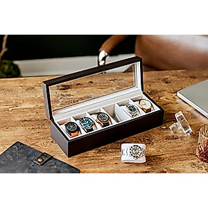 CASE ELEGANCE Solid Espresso Wood Watch Box Organizer with Glass Display Top