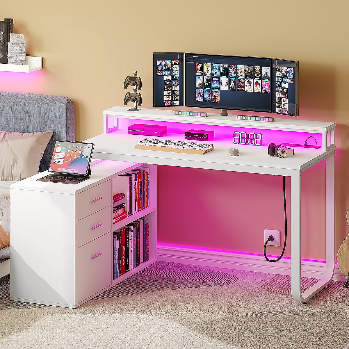 DWVO L Shaped Desk with Drawers, 55" Corner Computer Desk with Power Outlets & LED Lights, Home Office Desk with File Cabinet, White