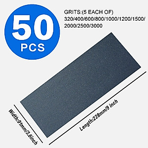 HIHANG Sandpaper Wet Dry Waterproof Sand Paper Assortment, 50 Pcs 320 to 3000 Grit Sanding Sheets 9x3.6 Inch for Automotive Polishing Wood Furniture Finishing and Metal Sanding
