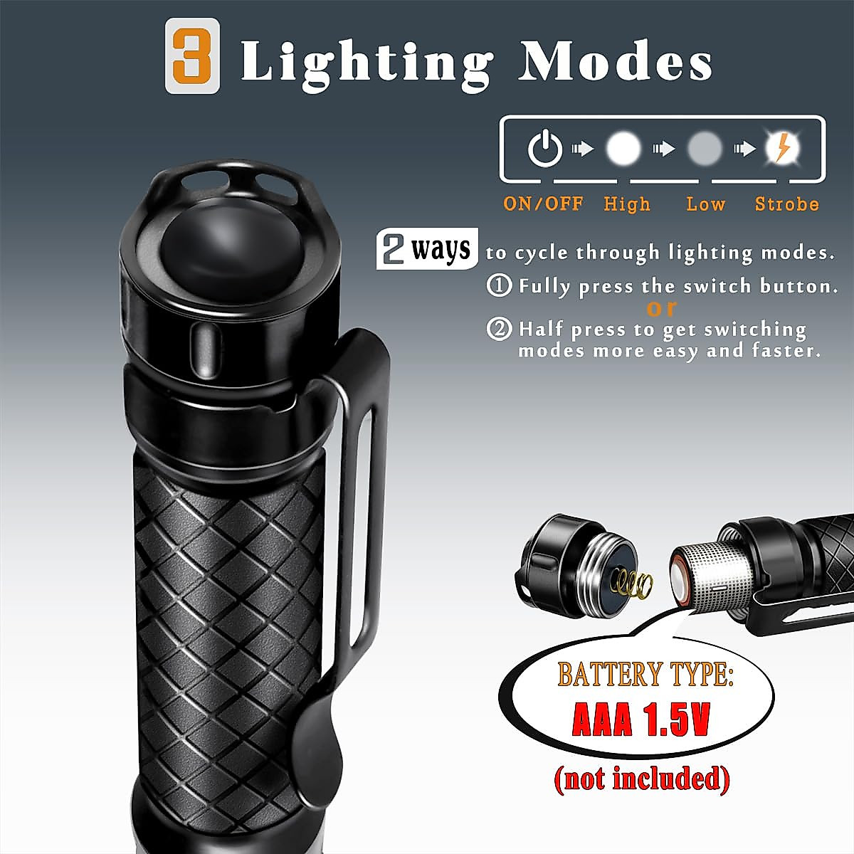 Mini Flashlight 3 Modes Small Flashlights LED Powerful High Lumens Tactical Pen Light with Clip,Slim Portable Pocket Compact Torch for Emergency Inspection AAA Battery Water-Resistant (Black & Gold)