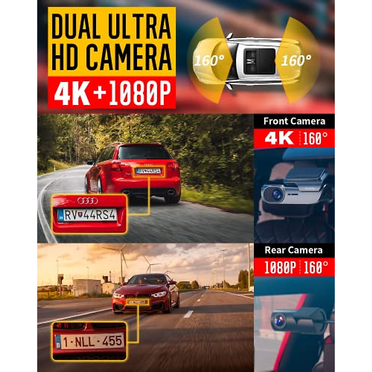 Dash Cam Front and Rear 4K Built-in 5GHz WiFi, Dual Dash Cam Front 4K/2K Rear 1080P Hidden Dash Camera for Cars, Super Night Vision, App Control, Supercapacitor, Parking Mode, G-Sensor, USB C Port