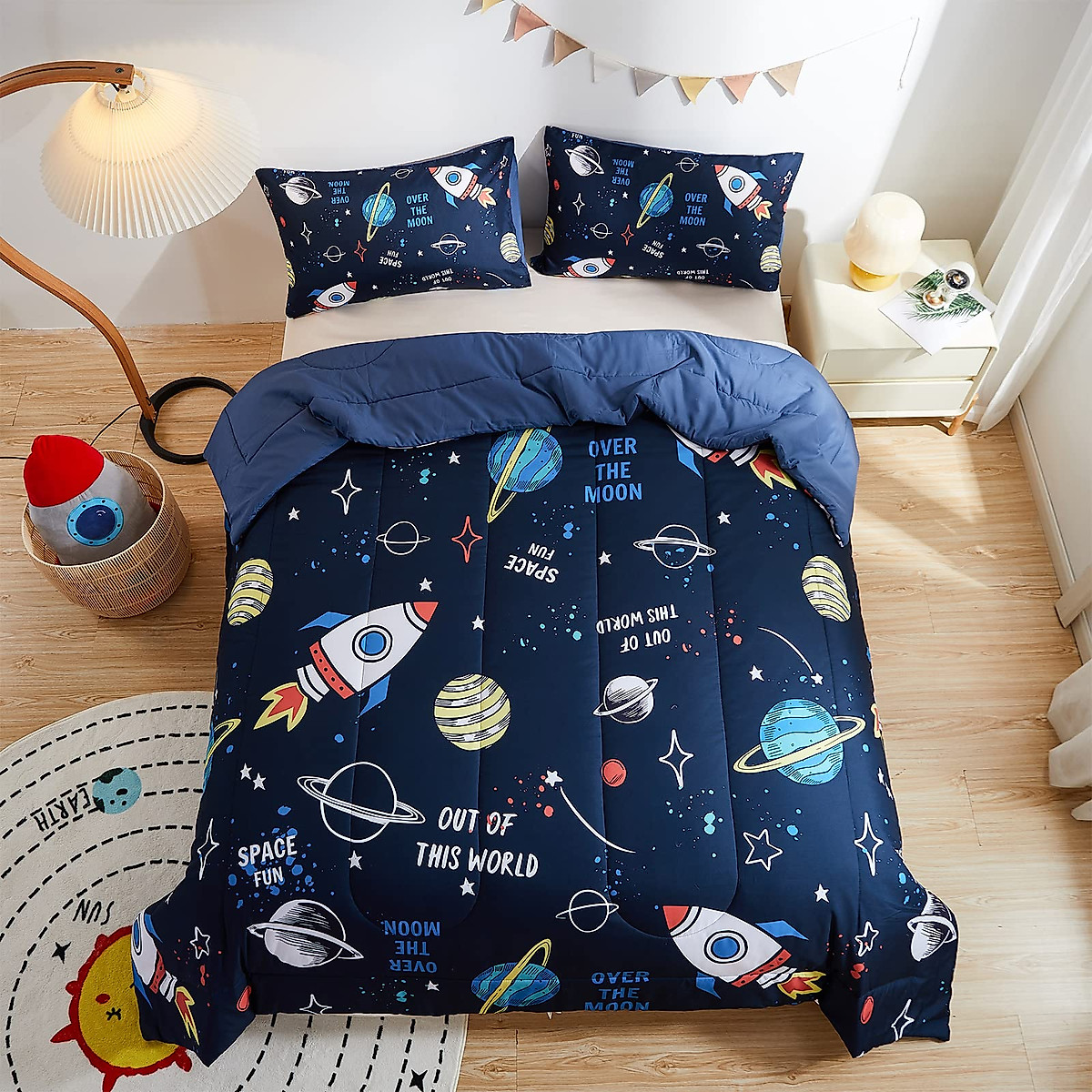beeweed 3 Piece Kid Comforter Set Queen Size, Space Rocket Bedding Set for Teen Boys Girls