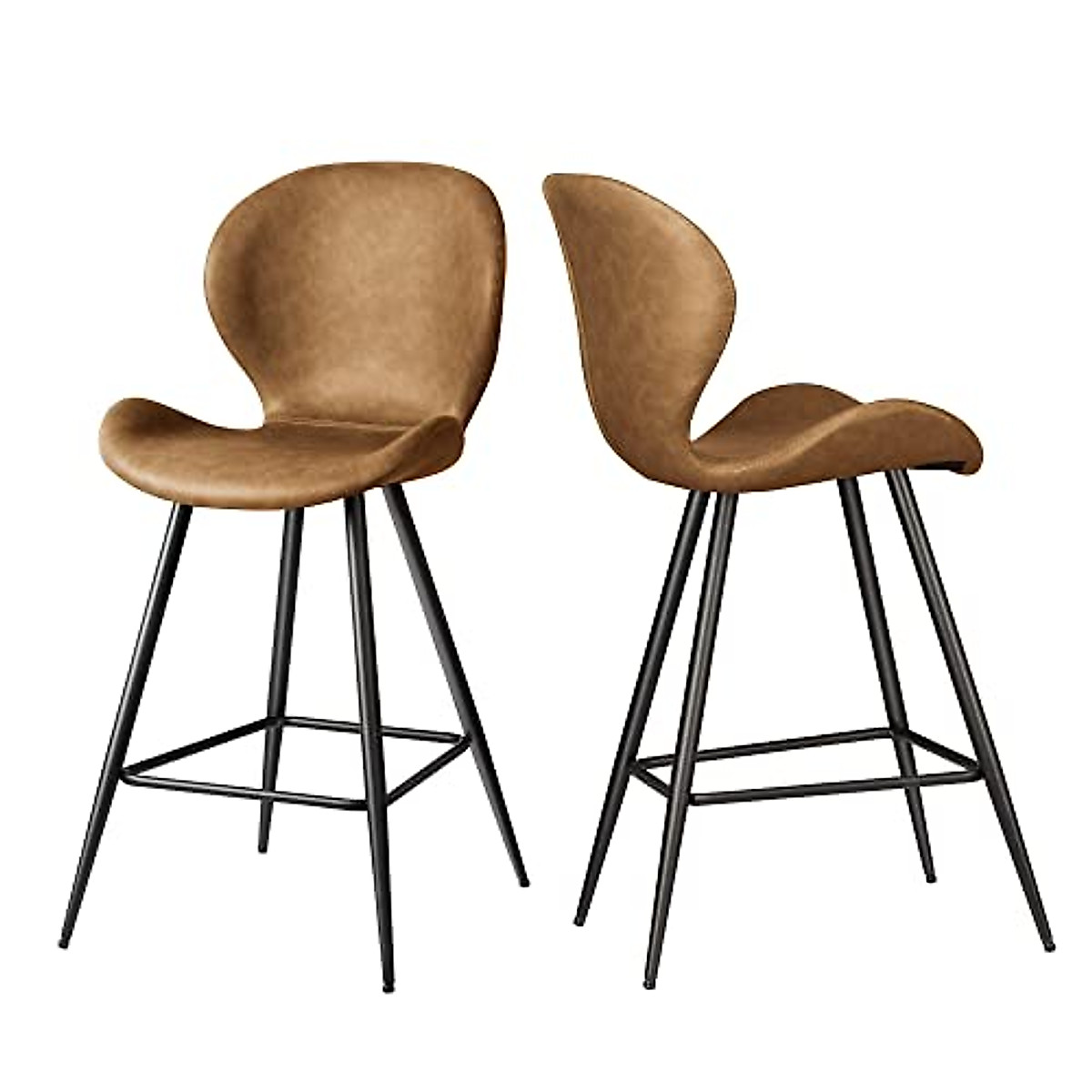 KithKasa Counter Height Bar Stools Set of 2 with Back, Mid Century Modern PU Leather 26" Kitchen Island Barstools with Metal Legs for Dining Room Kitchen Counter Pub Brown