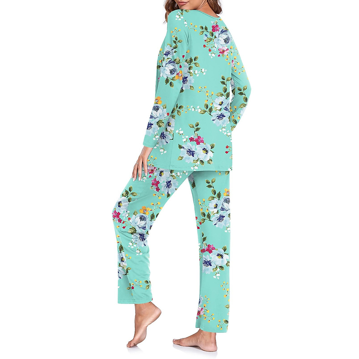 TAOHUADAO Women's Fall Pajamas Set with Pockets Soft Pants with Long Sleeve Top Ladies Sleepwear Plus Size Pjs Loungewear L, Mint Green