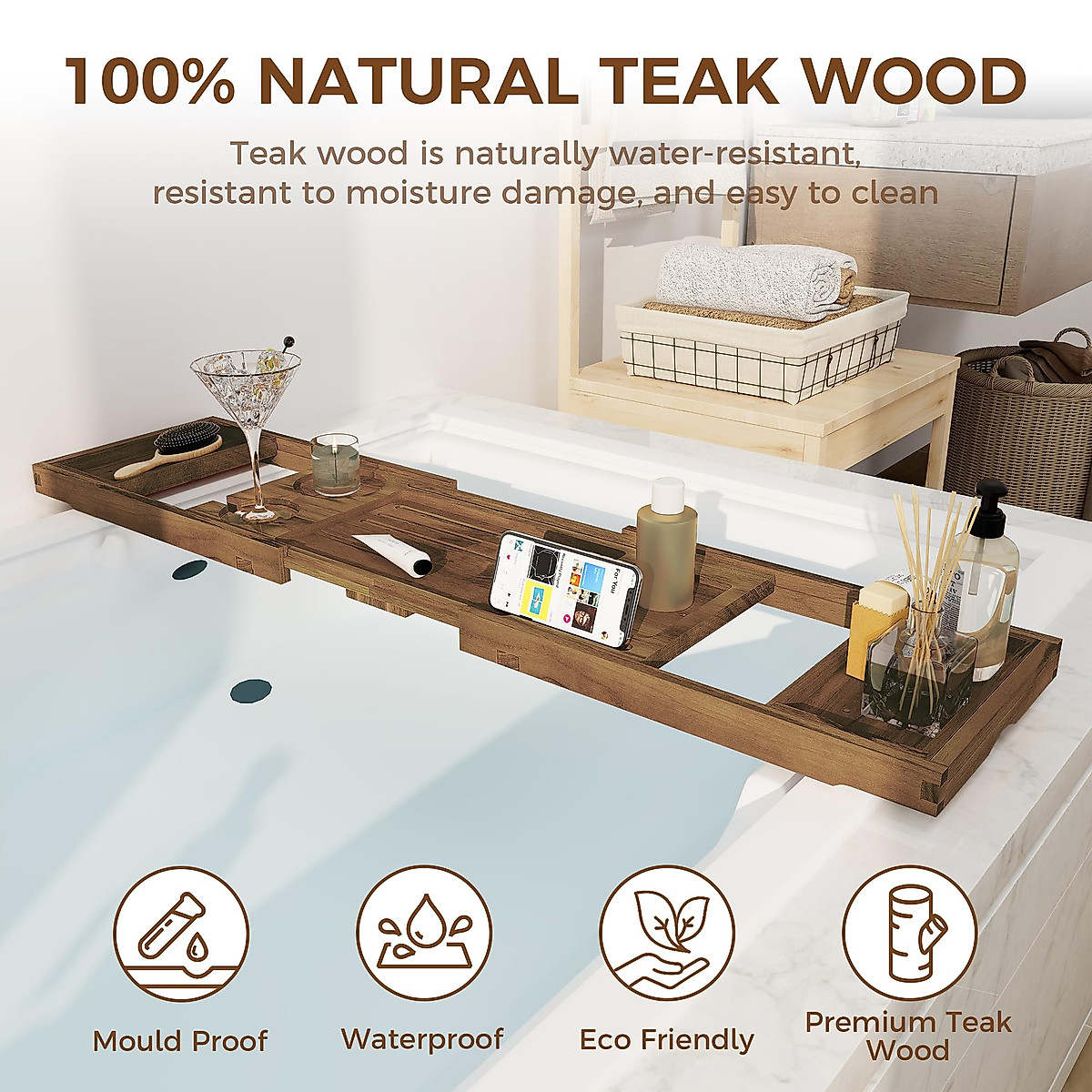 Teak Bathtub Tray - Luxury Bath Tray with Expandable Handles, Wine Glass and Phone Holders, Book Stand - Perfect for Home Spa Relaxation and Reading - Natural Bath Accessories