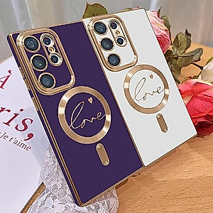 Bonoma for Samsung Galaxy S23 Ultra Magnetic Case Compatible with MagSafe, Luxury Plating Bling Love Heart Pattern Transparent Shockproof Case with Raised Full Camera Lens Protection-White