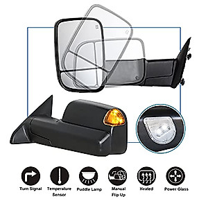 JZSUPER Towing Mirrors fit for 2010-2018 Ram 1500 Ram 2500 Ram 3500 2009 2010 Dodge Ram 1500 with Heated Power Puddle Lamp LED Turn Signal Lights Temperature Sensor Flip Up Pickup Truck