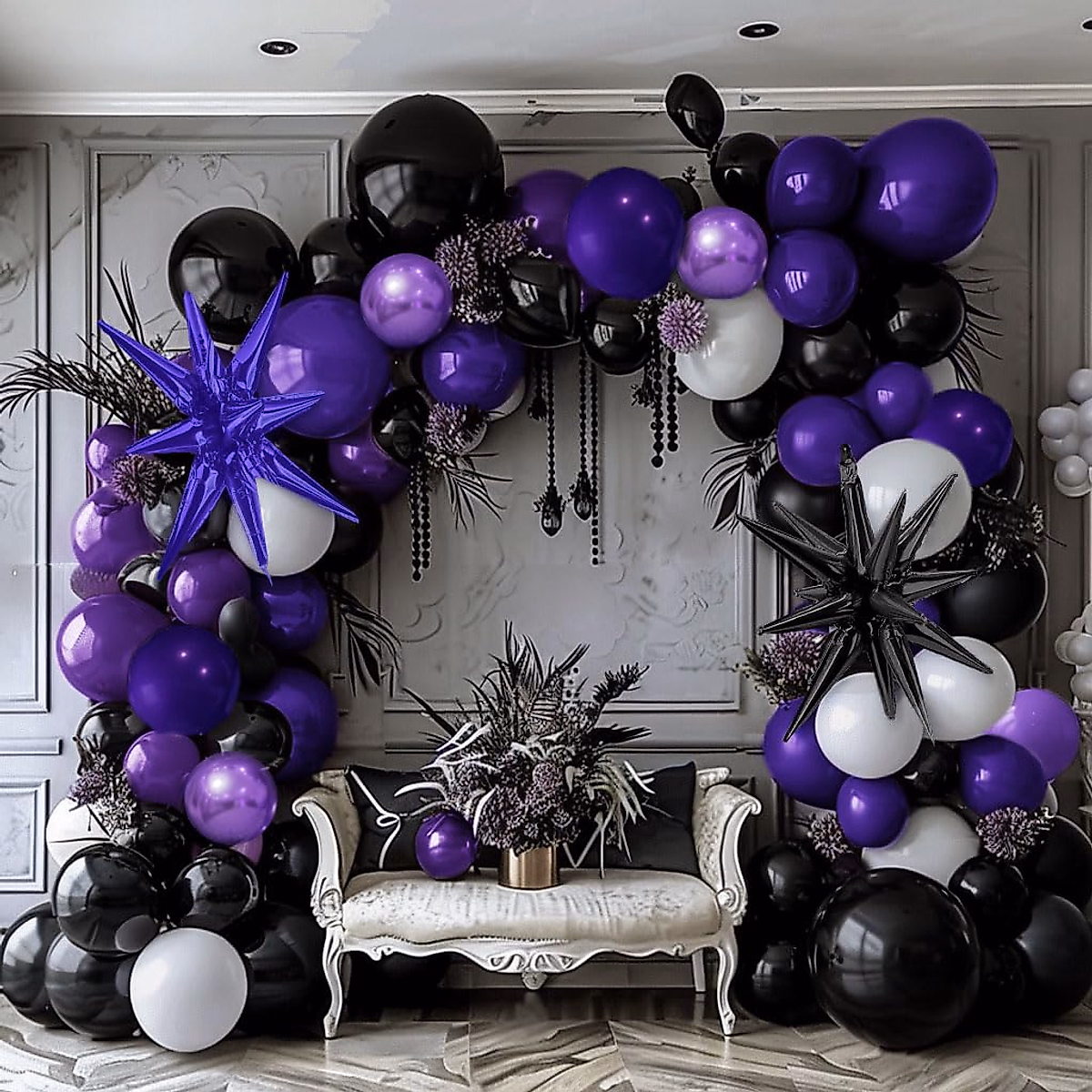 Black Purple White Balloon Garland - Double Stuffed Dark Purple Balloon Royal Purple Black Metallic Black Lilac Starburst Balloon Arch Kit for Birthday Halloween Anniversary Wednesday Party Decor