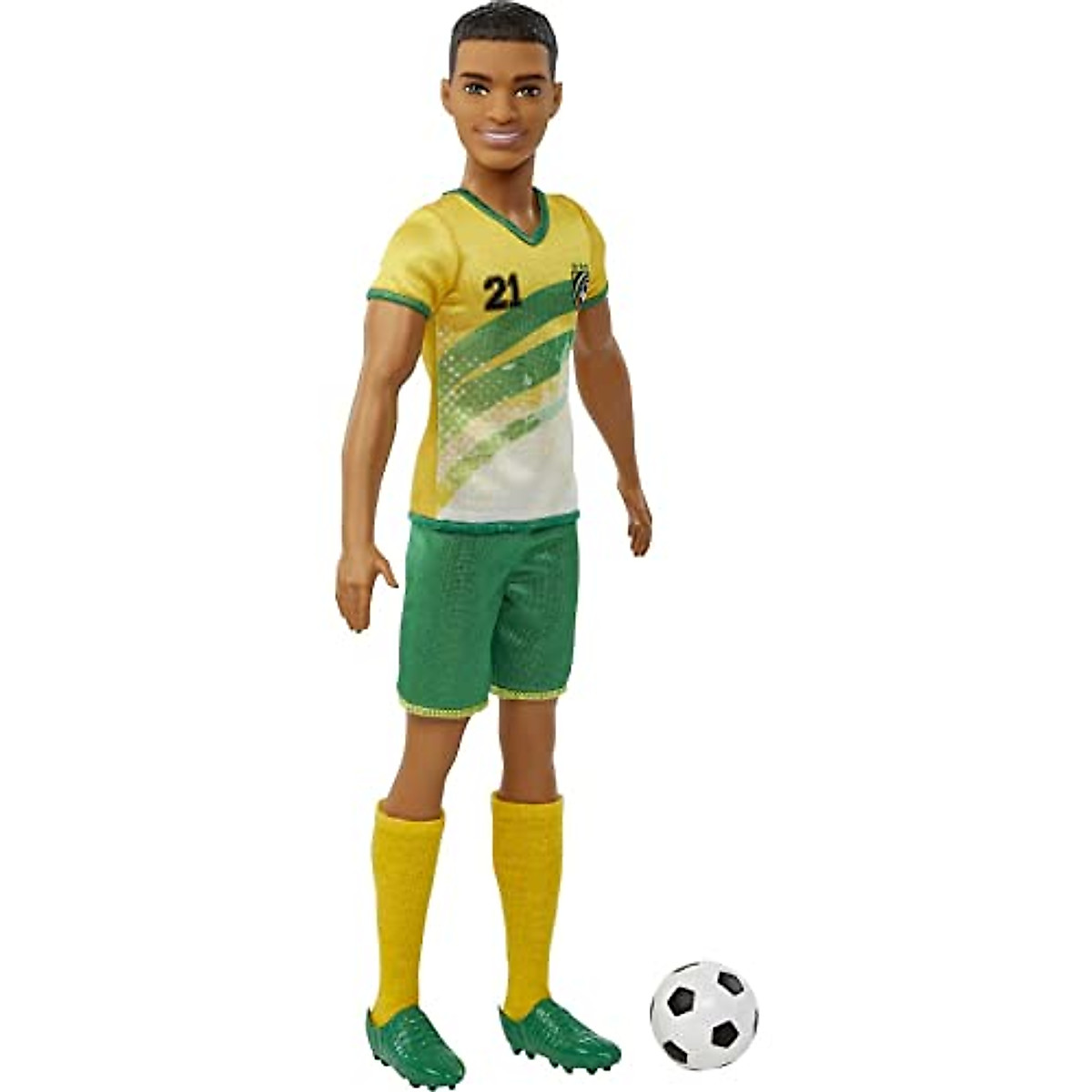 Barbie Soccer Ken Doll with Short Cropped Hair, Colorful #21 Uniform, Cleats, & Tall Socks, Soccer Ball 11.5 inches