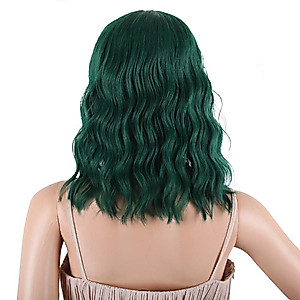 DEYNGS Fashion Short Wavy Wigs With Flat Bangs Natural Black Synthetic Full Wigs For Women None Lace Wigs That Look Real Heat Resistant +Free Wig Cap (Green)