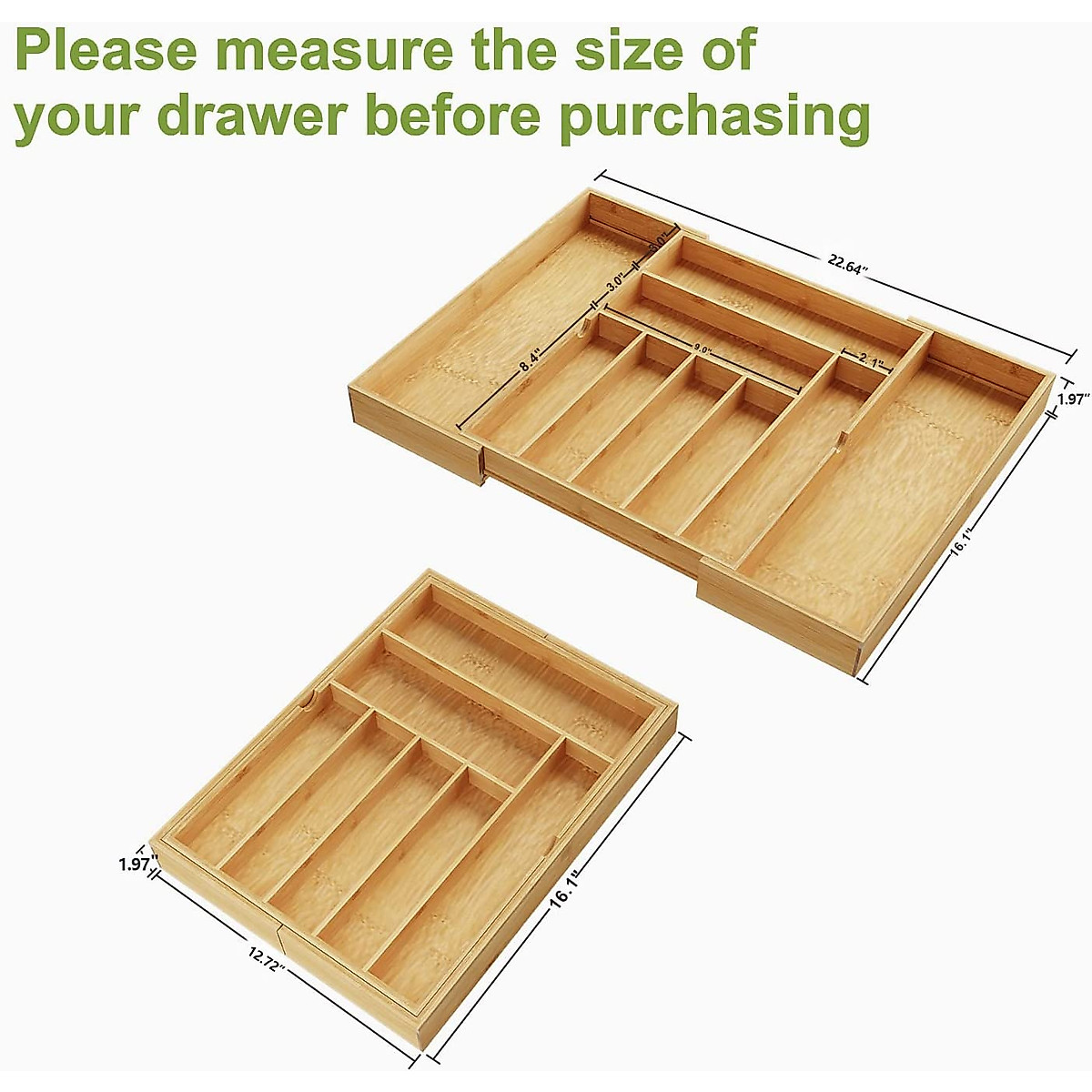 BAMEOS drawer organizer flatware organizer cutlery tray silverware organizer expandable adjustable bamboo drawer organizer kitchen bathroom