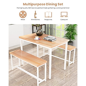 Recaceik 47” Dining Table Set with Benches, 3 Pieces Dining Room Table Set for 4, Wood Kitchen Table and Chair Set, Space Saving Dinette Set for Breakfast Nook, Dining Room, Beige