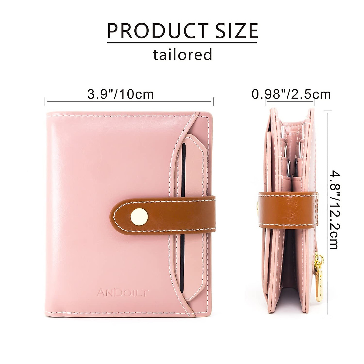 ANDOILT Wallets for Women Genuine Leather Small Bifold Wallet RFID Blocking Card Case Purse with ID Window Coin Pocket Pink