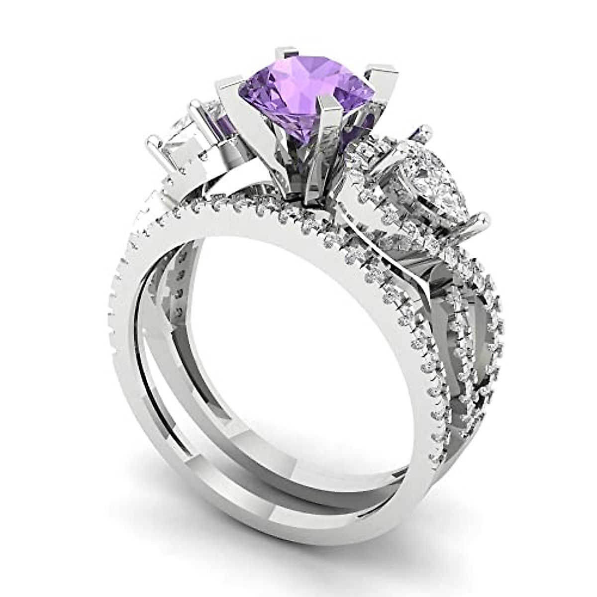 2.1 ct Round Pear Cut Custom Engraving 3 stone Alexandrite Designer Statement Classic Ring Band Set 18K White Gold Size 9.5