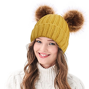 Arctic Paw Beanie for Women Cable Knit Beanie with Faux Fur Pompom Ears Yellow