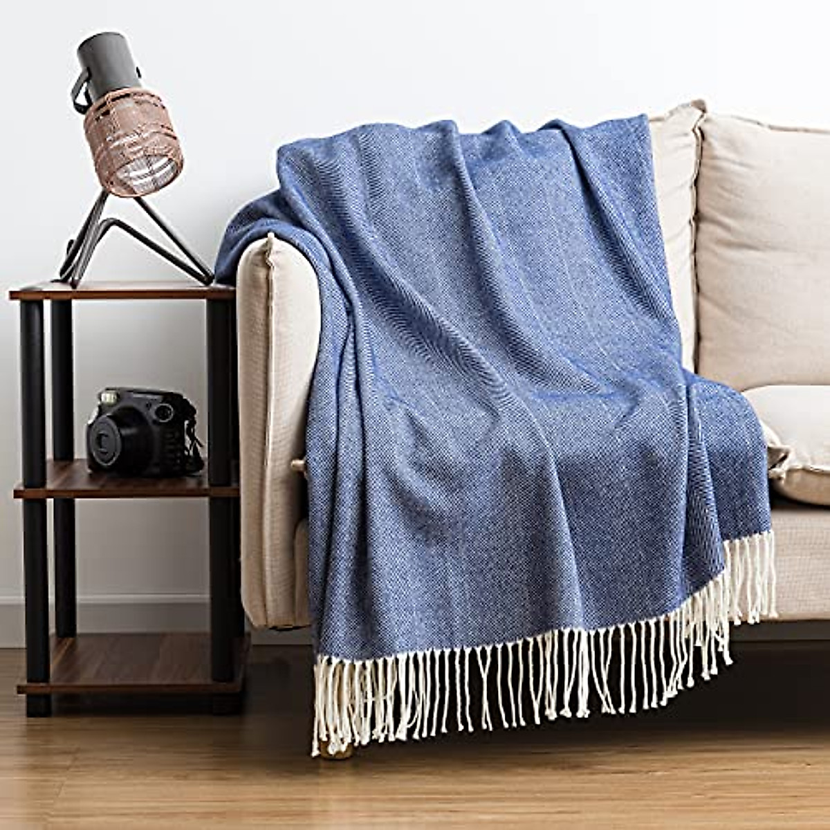 Herringbone Blanket - Chevron Pattern - Turkish Boho Chic - Soft Woven Throw Blanket with Decorative Fringe - Lightweight for Bed, Sofa, Chair, Office, Outdoor - 50 x 60 in. (Navy Blue)