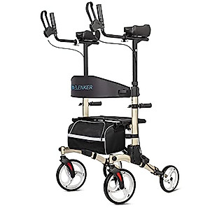 ELENKER Upright Walker, Stand Up Folding Rollator Walker with 10” Front Wheels Backrest Seat and Padded Armrests(Champagne)