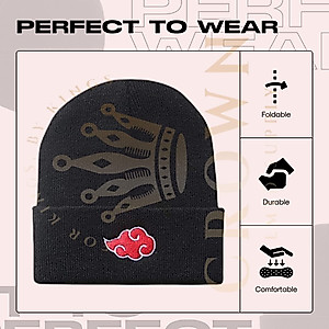 Anime Beanie Hat Winter Caps for Men and Womens Beanies, Cuffed Knit Graphic Beanie, Comfy and Soft Embroidered Anime Hat (Black Red)