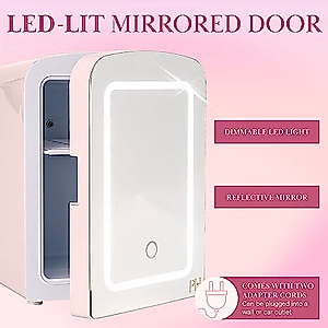 Paris Hilton Mini Refrigerator and Personal Beauty Fridge, Mirrored Door with Dimmable LED Light, Thermoelectric Cooling and Warming Function for All Cosmetics and Skincare Needs, 4-Liter, Pink