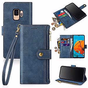 Antsturdy Samsung Galaxy S9 Wallet case with Card Holder for Women Men,Galaxy S9 Phone case RFID Blocking PU Leather Flip Shockproof Cover with Strap Zipper Credit Card Slots,Blue