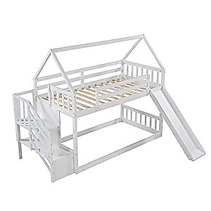 DEYOBED Twin Over Twin Wooden Bunk Bed with Slide and Storage Staircase for Kids Adults