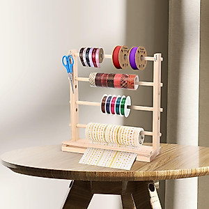 Ribbon Storage Organizer Rack 4 Tier Adjustable Wooden Ribbon Holder Spool Holder Organizer Rack Spool for Sewing Craft Mesh Thread Tape Wreath Crochet Roll Washi Tape Craft Gift Florist Wrapping