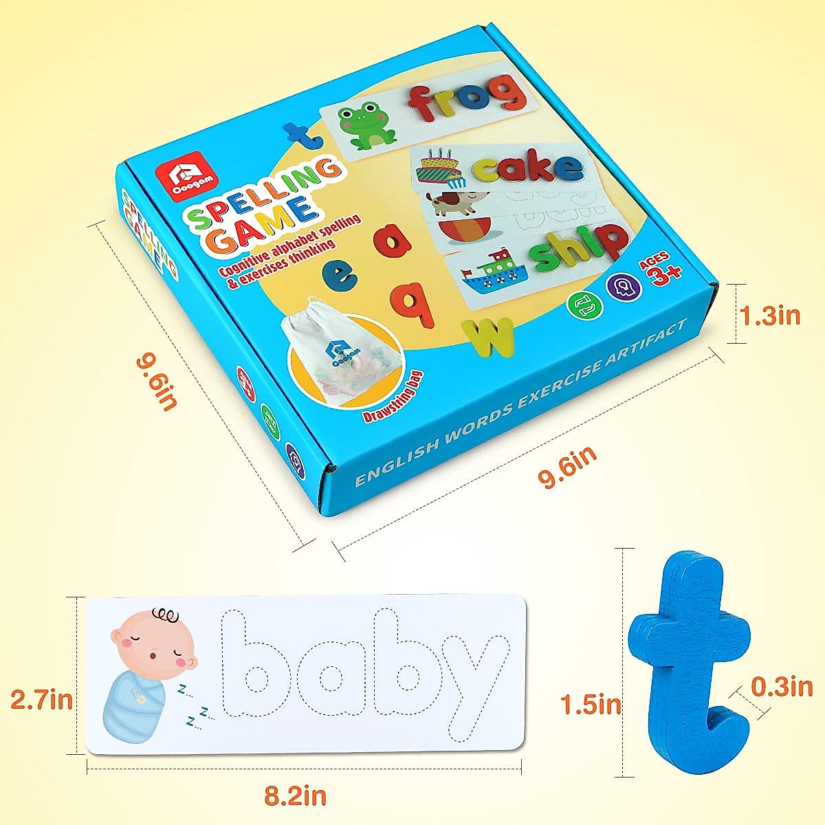Coogam Read Spelling Learning Toy, Wooden Alphabet Flash Cards Matching Sight Words ABC Letters Recognition Game Preschool Educational Tool Set for 3 4 5 Years Old Girls and Boys Kids