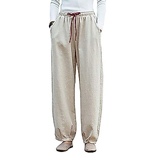 Safeeye Women's Loose Linen Pants Casual Wide Leg Drawstring Striaght Fit Trousers Beige XXL