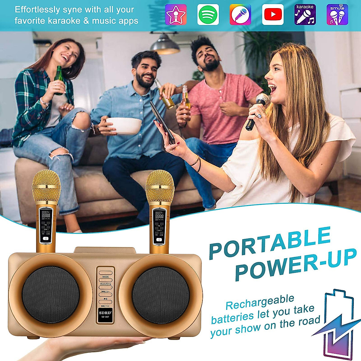 ALPOWL Karaoke Machine for Kids Adults with 2 UHF Wireless Microphone, Portable Bluetooth Speaker PA System with LED Lights for Home Party, Wedding, Church, Picnic, Outdoor/Indoor (Gold I)