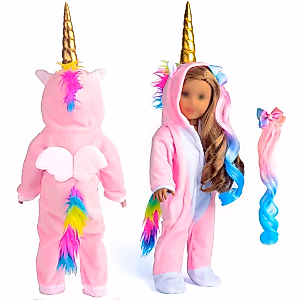 sweet dolly 18 Inch Doll Clothes Unicorn Onesie Pajamas Rainbow Color Hair Bow Clips Costume Fits 18 Inch Doll (Doll Not Included)