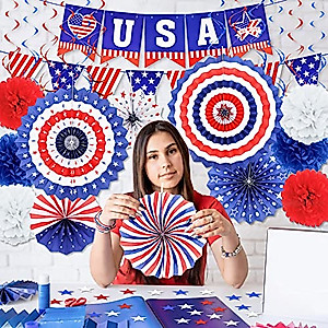 27 Pieces 4th of July Decorations Set, Red White Blue American Flag Hanging Honeycomb Paper Fans, Pom Poms, Swirls, Love USA Banner, Star Garland Patriotic Independence Day Outdoor Party Supplies
